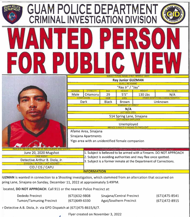 Ray Junior Guzman wanted in connection to Sunday shooting - KUAM.com ...